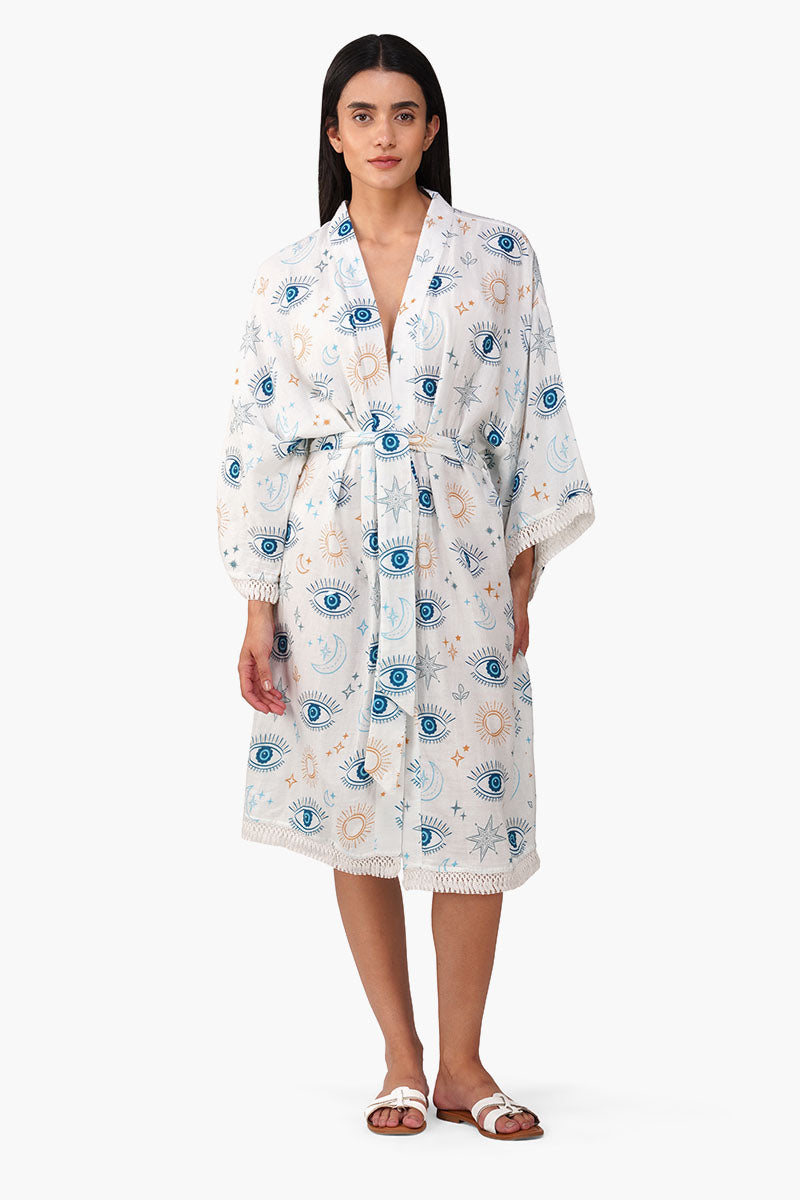 Evil Eye White Self Fringe Cover Up | America & Beyond
